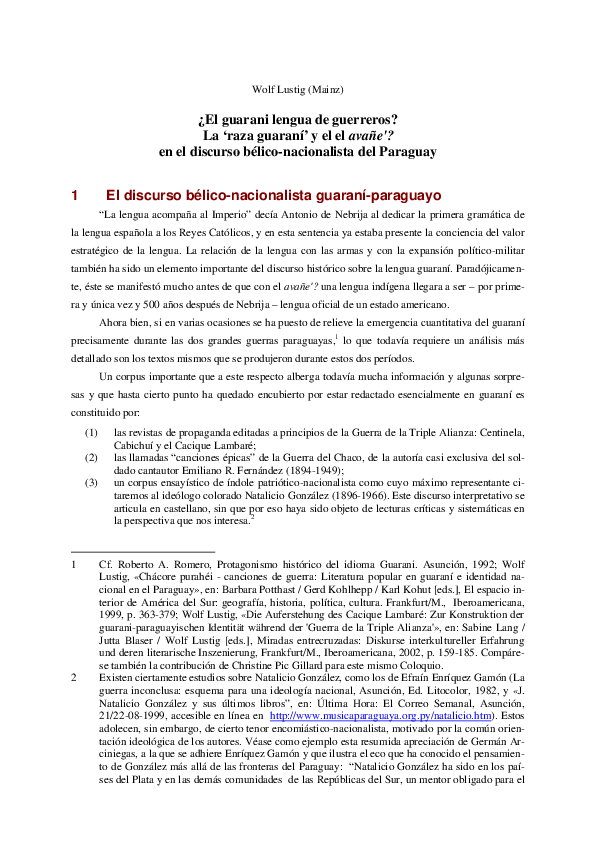 (PDF) ¿El guaraní, lengua de guerreros? La ‘raza guaraní’ y el avañe'e en el discurso bélico ...