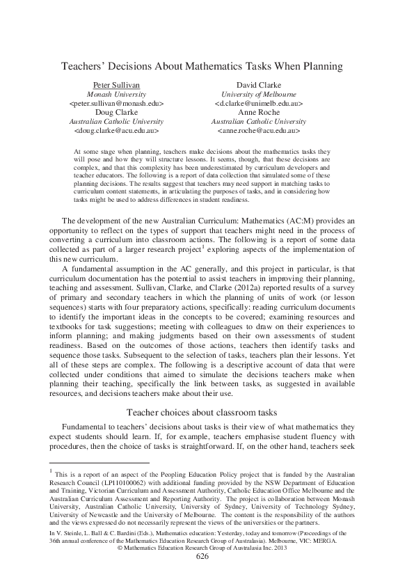 (PDF) Teachers’ Decisions About Mathematics Tasks When Planning