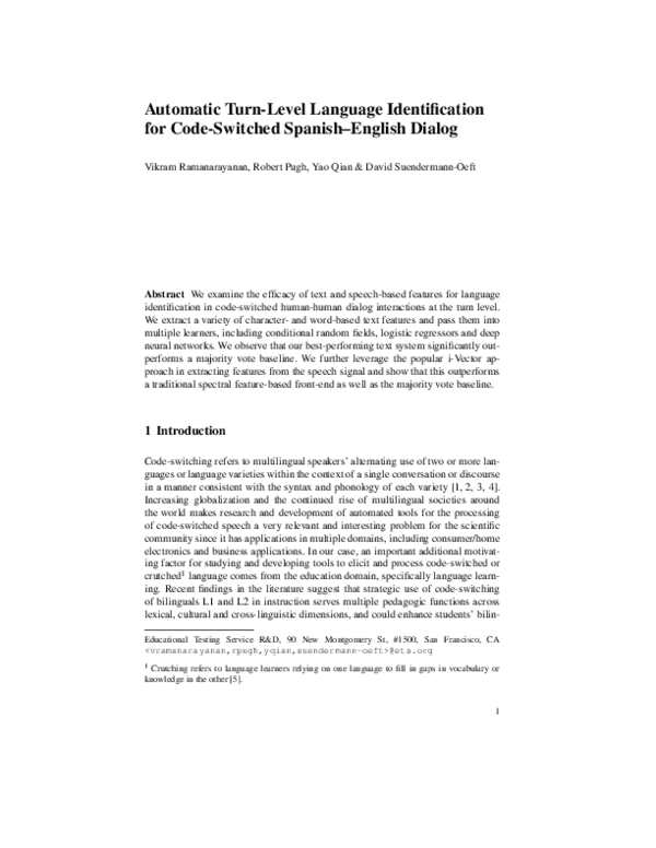 Pdf Automatic Turn Level Language Identification For Code Switched