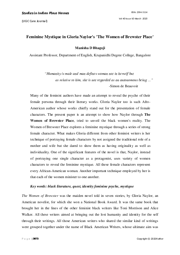 (PDF) Feminine Mystique in Gloria Naylor's 'The Women of Brewster Place