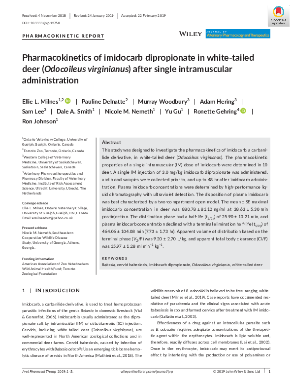 (PDF) Pharmacokinetics of imidocarb dipropionate in white‐tailed deer ...