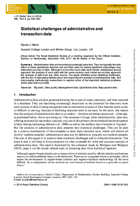 (PDF) Statistical Challenges of Administrative and Transaction Data