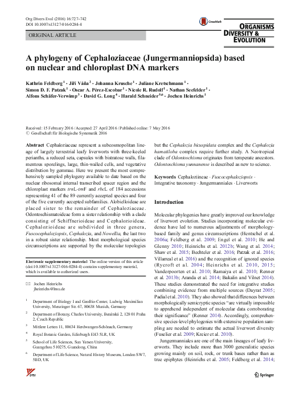 (PDF) A phylogeny of Cephaloziaceae (Jungermanniopsida) based on ...