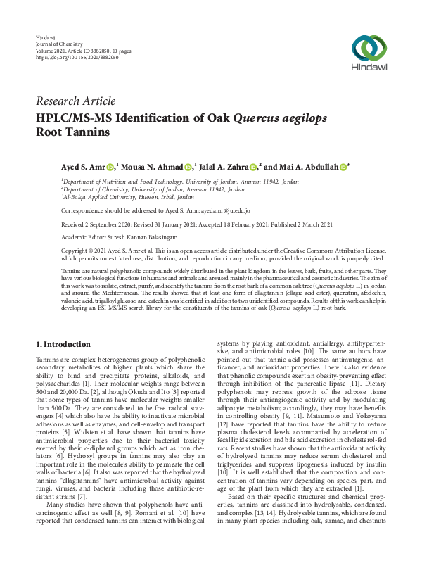 (PDF) HPLC/MS-MS Identification of Oak Quercus aegilops Root Tannins
