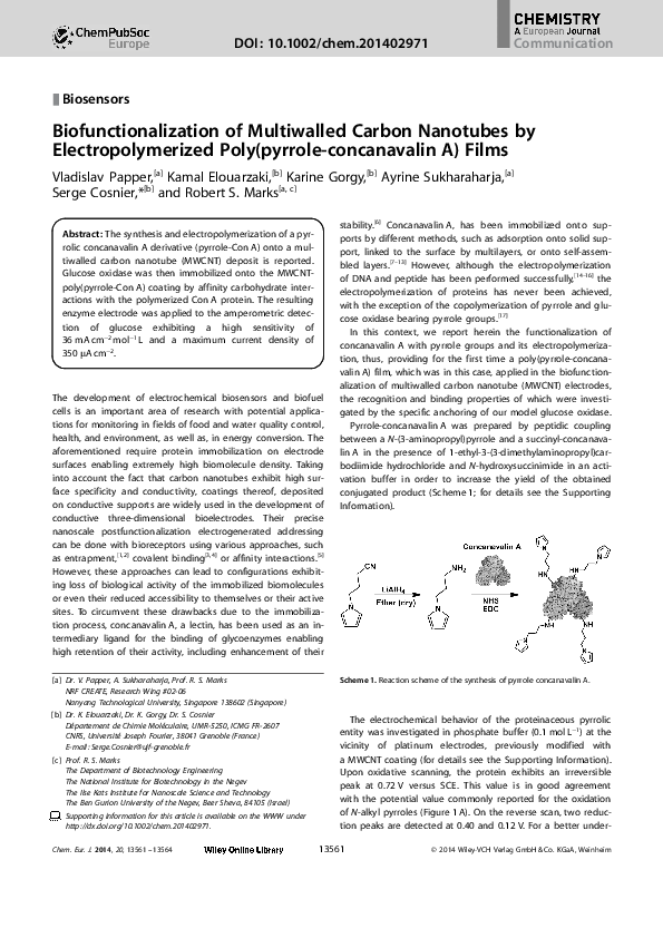 (PDF) Biofunctionalization of Multiwalled Carbon Nanotubes by Irradiation of Electropolymerized ...