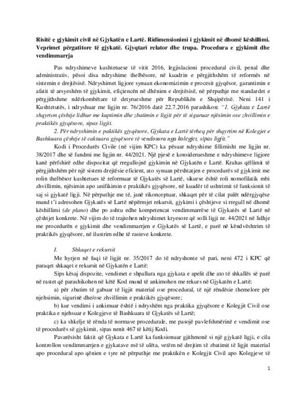 (PDF) Risitë e gjykimit civil në Gjykatën e Lartë me ligjin nr. 44/2021