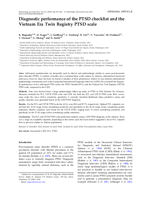 (PDF) Diagnostic performance of the PTSD checklist and the Vietnam Era ...