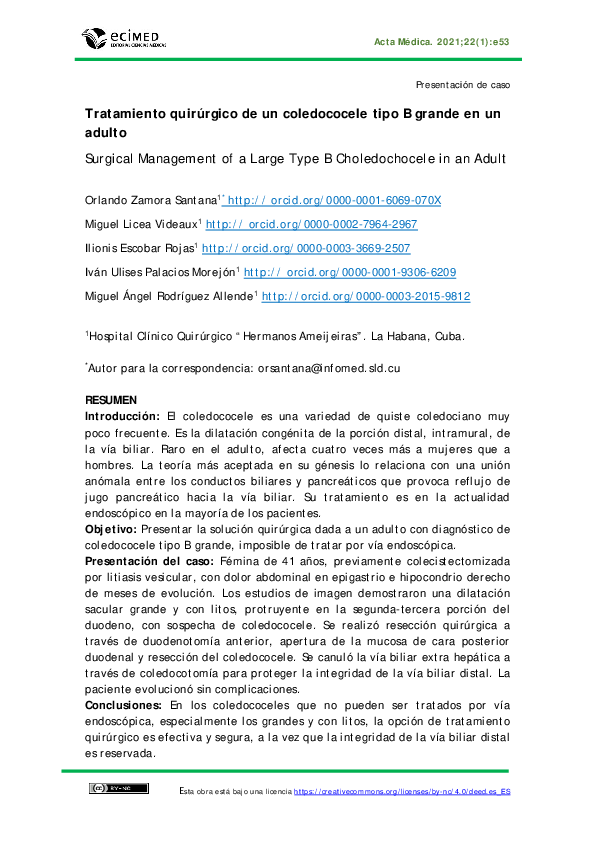(PDF) Tratamiento quirúrgico de un coledococele tipo B grande en un adulto
