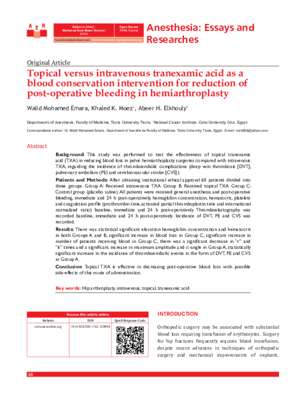 (PDF) Topical versus intravenous tranexamic acid as a blood ...