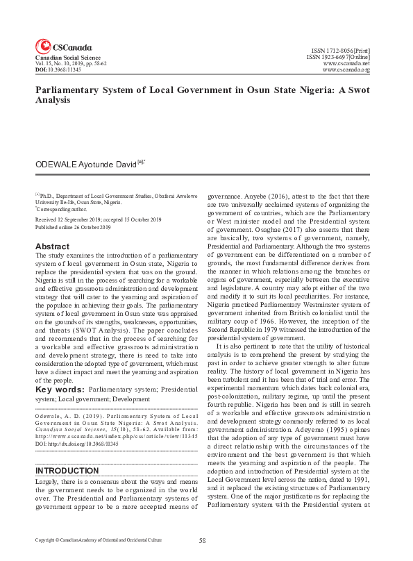 (PDF) Parliamentary System of Local Government in Osun State Nigeria: A ...