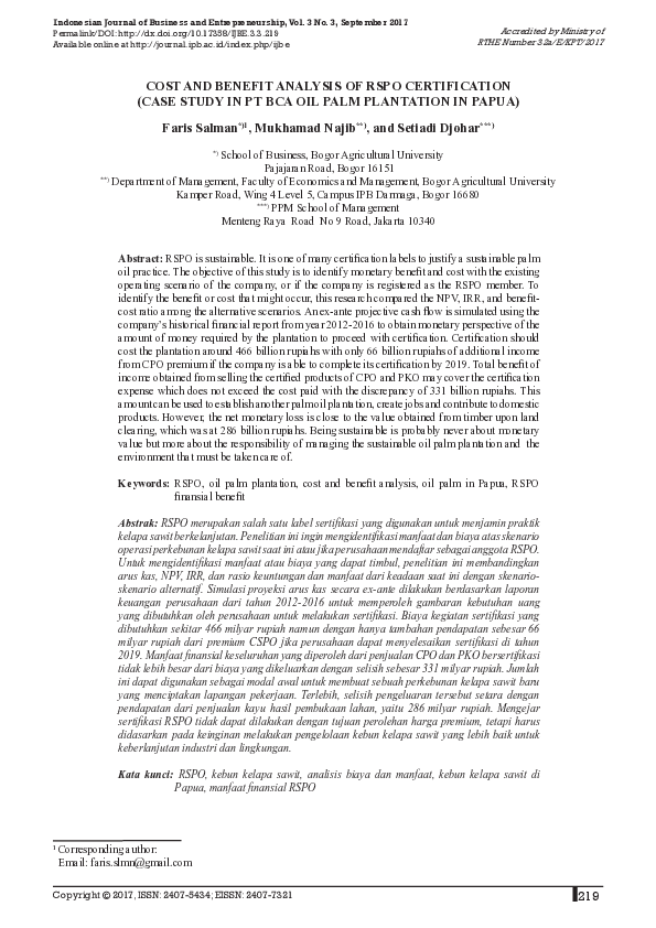 (PDF) Cost and Benefit Analysis of RSPO Certification (Case Study in PT BCA Oil Palm Plantation ...