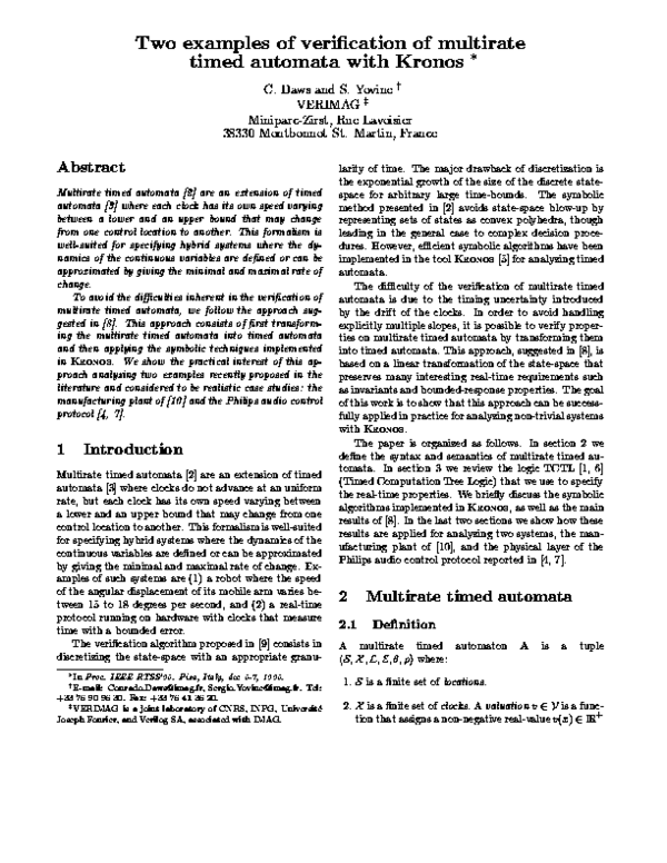 (PDF) Two examples of verification of multirate timed automata with Kronos