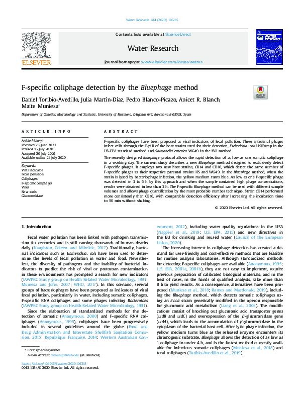 (PDF) F-specific coliphage detection by the Bluephage method