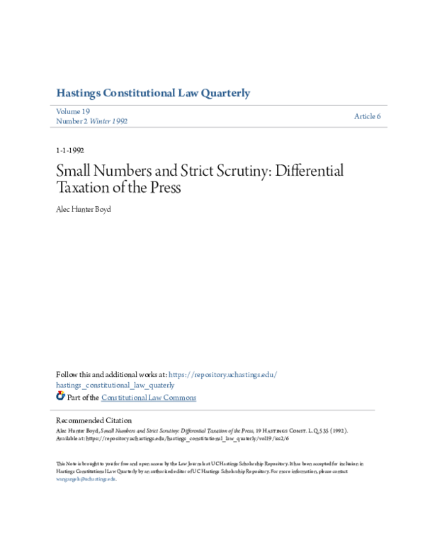 (PDF) Small Numbers and Strict Scrutiny: Differential Taxation of the Press