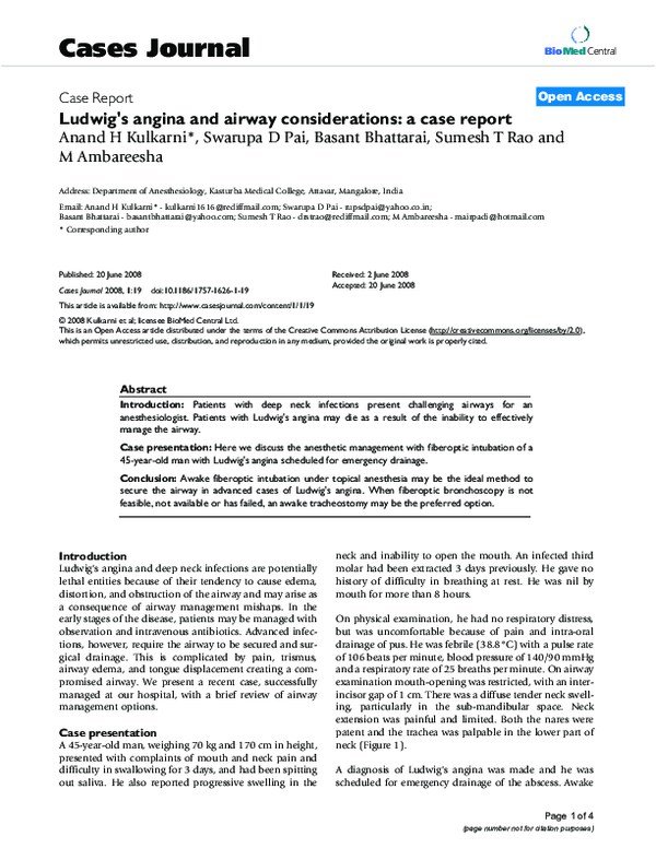 (PDF) Ludwig's angina and airway considerations: a case report