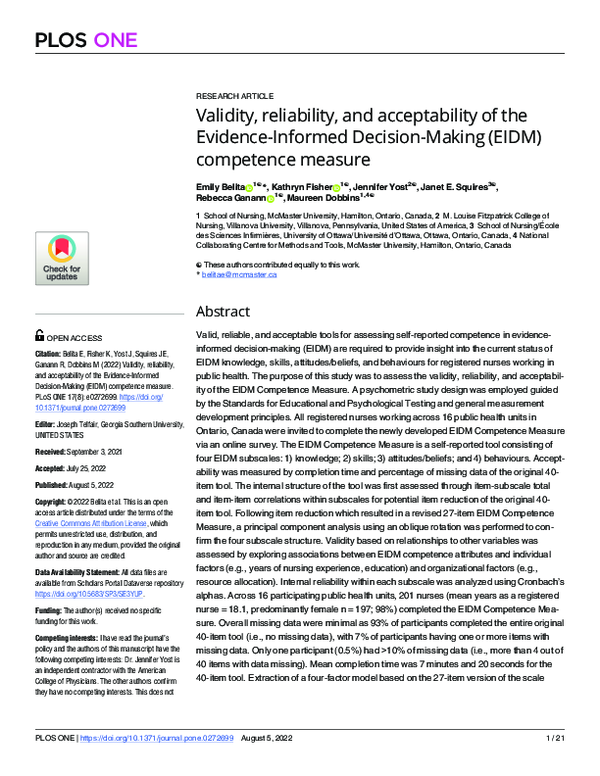 (PDF) Validity, reliability, and acceptability of the Evidence-Informed Decision-Making (EIDM ...