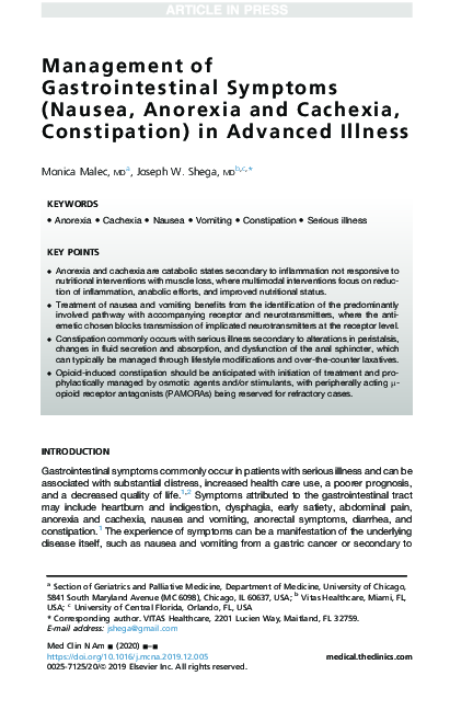 (PDF) Management of Gastrointestinal Symptoms (Nausea, Anorexia and ...