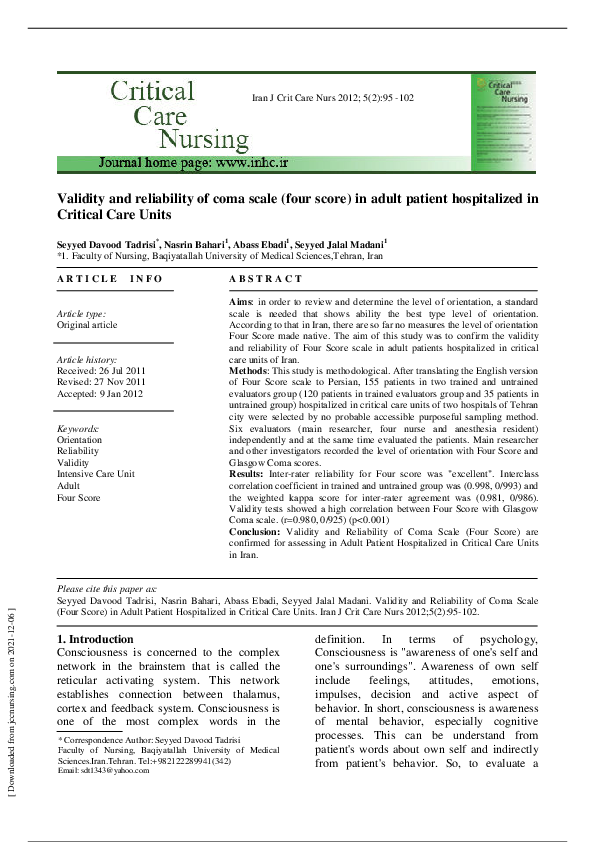 (PDF) Validity and Reliability of Coma Scale (Four Score) in Adult ...