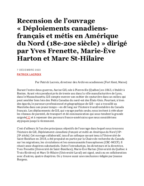 (PDF) Recension de l'ouvrage « Déploiements canadiens-français et métis ...