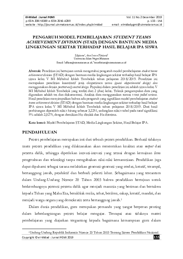 (PDF) Pengaruh Model Pembelajaran Student Teams Achievement Division (Stad) Dengan Bantuan Media ...