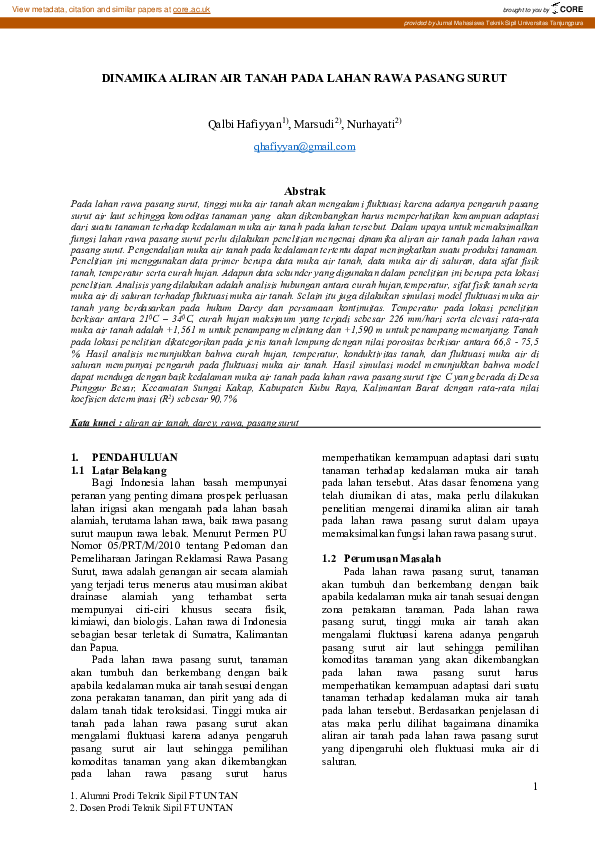(PDF) Dinamika Aliran Air Tanah pada Lahan Rawa Pasang Surut
