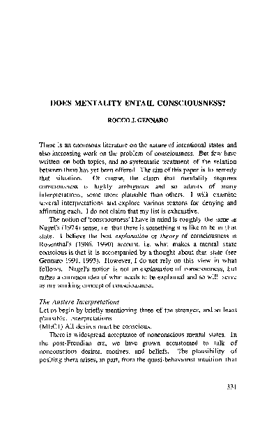 (PDF) Does mentality entail consciousness?