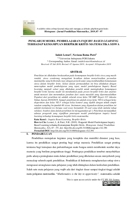(PDF) Pengaruh Model Pembelajaran Inquiry Based Learning Terhadap Kemampuan Berpikir Kritis ...