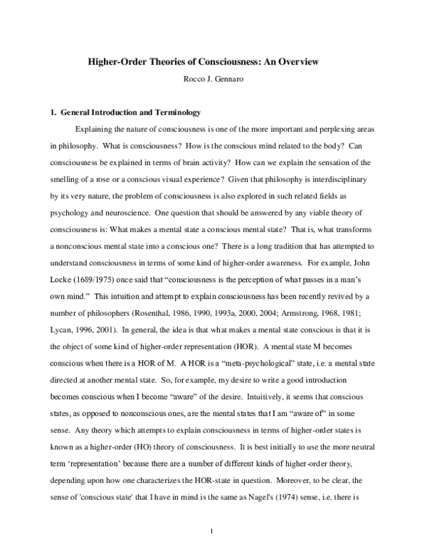 (PDF) Higher-Order Theories of Consciousness: An Overview