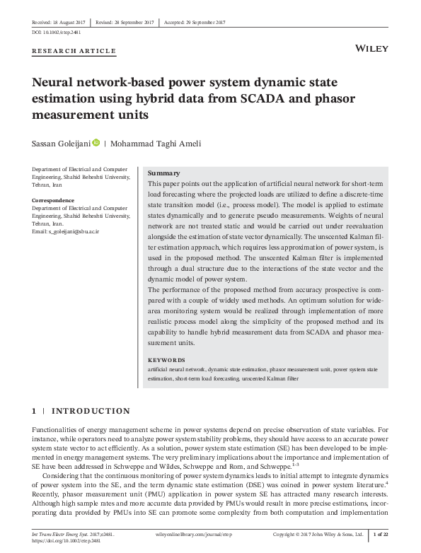 (PDF) Neural network-based power system dynamic state estimation using hybrid data from SCADA ...