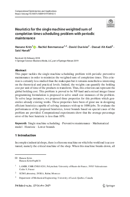Pdf Heuristics For The Single Machine Weighted Sum Of Completion