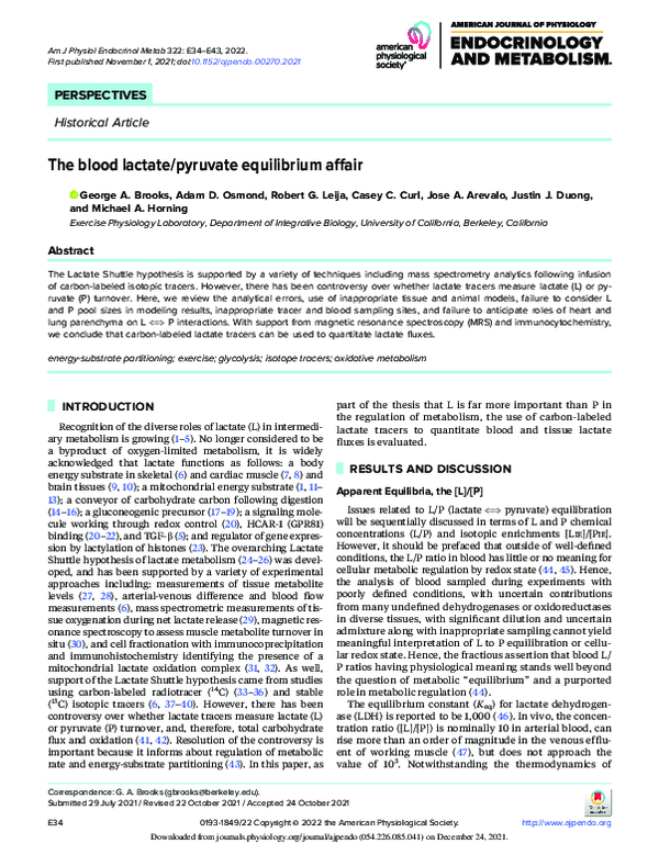 (PDF) The blood lactate/pyruvate equilibrium affair | George Brooks ...
