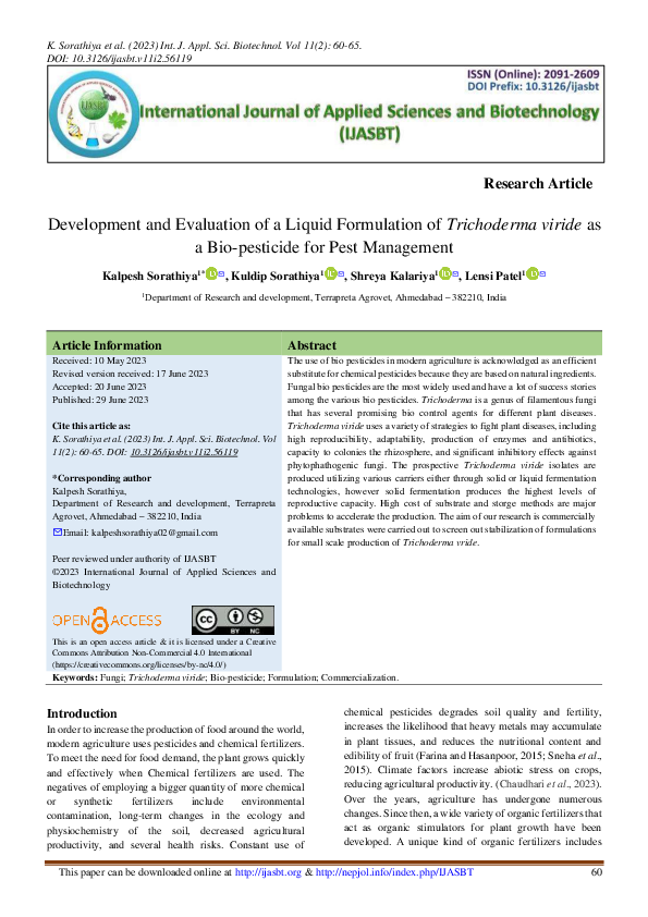 Pdf Development And Evaluation Of A Liquid Formulation Of Trichoderma Viride As A Bio