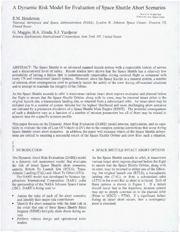 (PDF) A Dynamic Risk Model for Evaluation of Space Shuttle Abort Scenarios