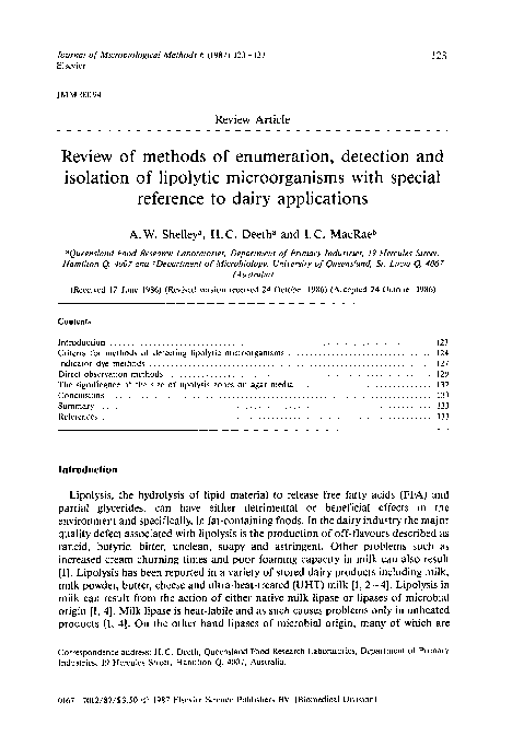 (PDF) Review of methods of enumeration, detection and isolation of lipolytic microorganisms with ...