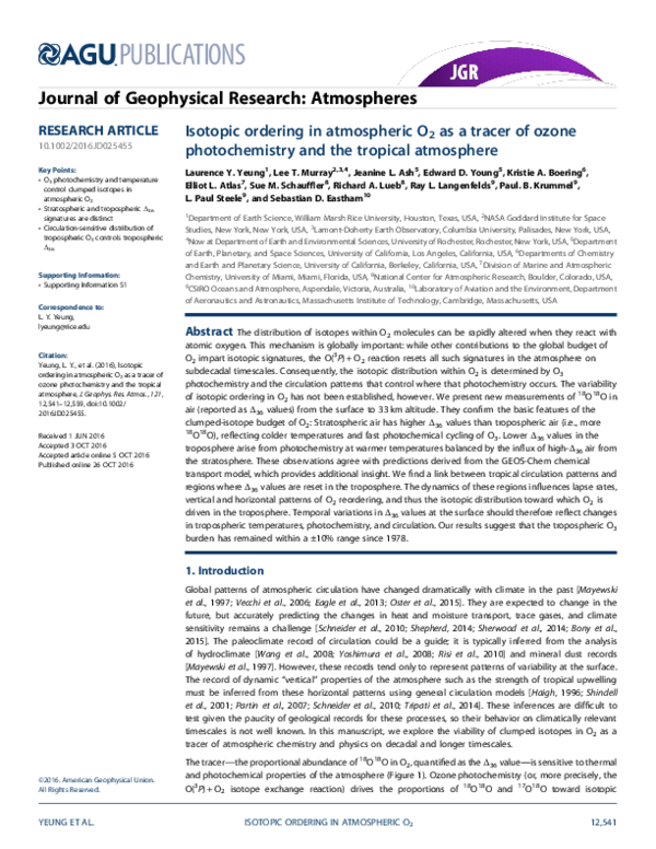 (PDF) Isotopic ordering in atmospheric O 2 as a tracer of ozone ...