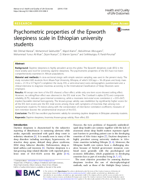 (PDF) Psychometric properties of the Epworth sleepiness scale in ...