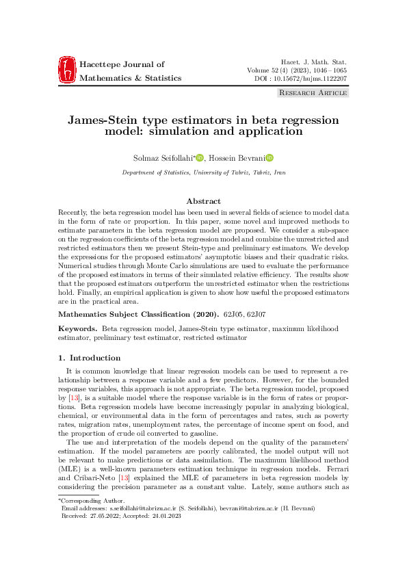 (PDF) James-Stein type estimators in beta regression model‎: simulation and application‎