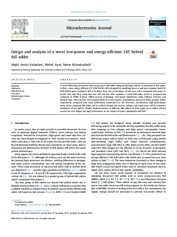 (PDF) Design and analysis of a novel low-power and energy-efficient 18T hybrid full adder