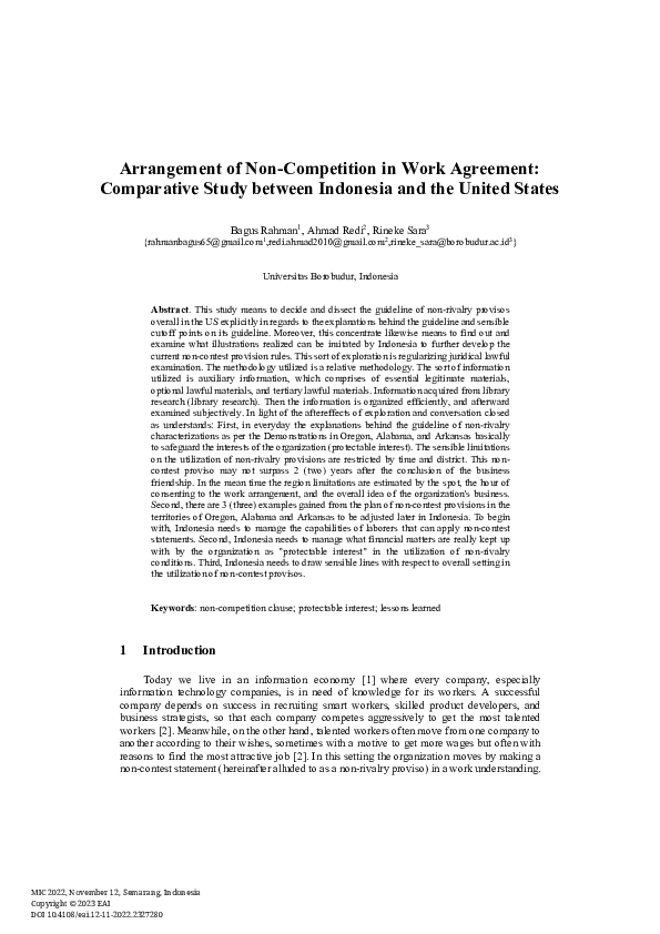 (PDF) Arrangement of Non-Competition in Work Agreement: Comparative ...
