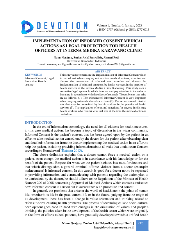 (PDF) Implementation of Informed Consent Medical Actions as Legal ...