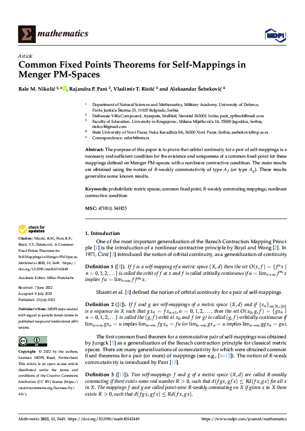 Pdf Common Fixed Points Theorems For Self Mappings In Menger Pm Spaces Rale Nikolic