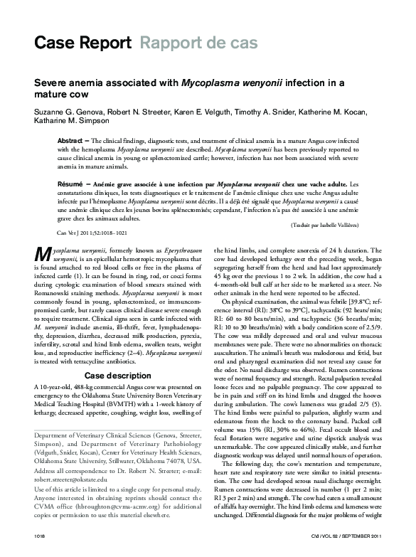 (PDF) Severe anemia associated with Mycoplasma wenyonii infection in a ...