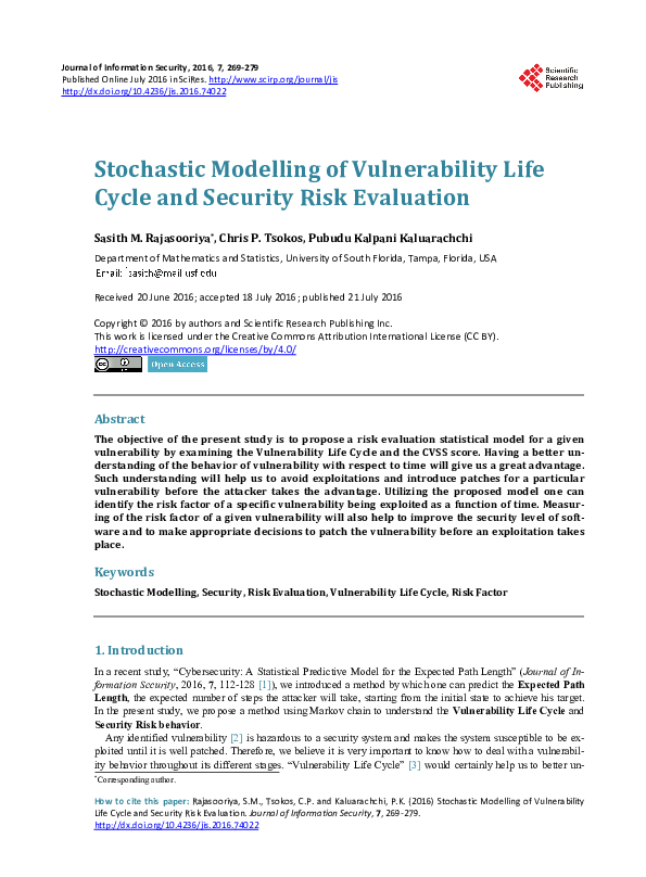 (PDF) Stochastic Modelling of Vulnerability Life Cycle and Security Risk Evaluation