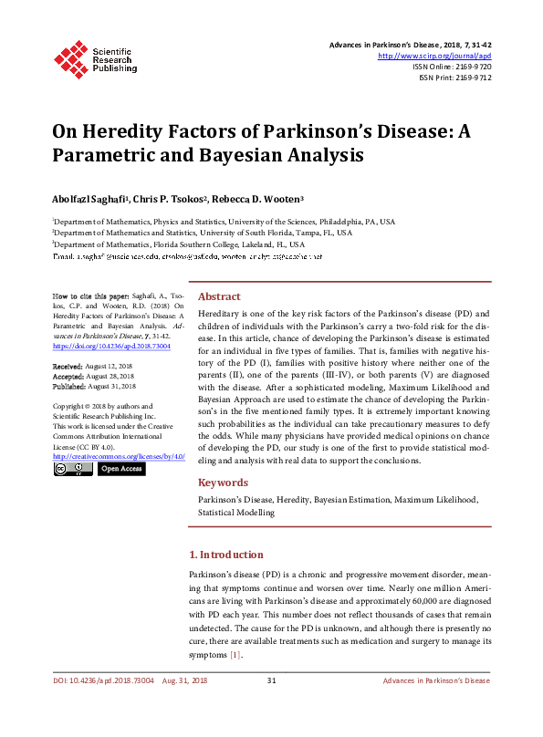 (PDF) On Heredity Factors of Parkinson’s Disease: A Parametric and Bayesian Analysis