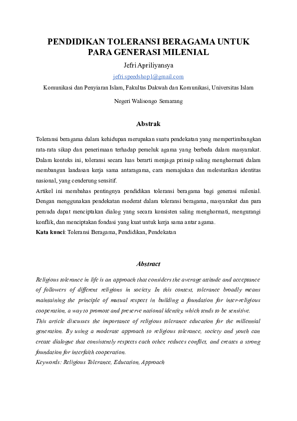 (DOC) PENDIDIKAN TOLERANSI BERAGAMA UNTUK PARA GENERASI MILENIAL
