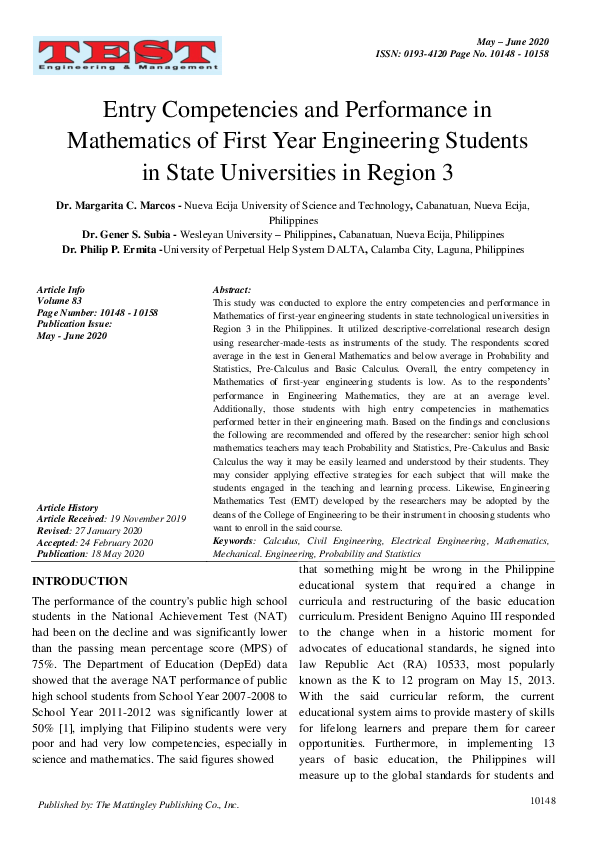 (PDF) Entry Competencies and Performance in Mathematics of First Year ...