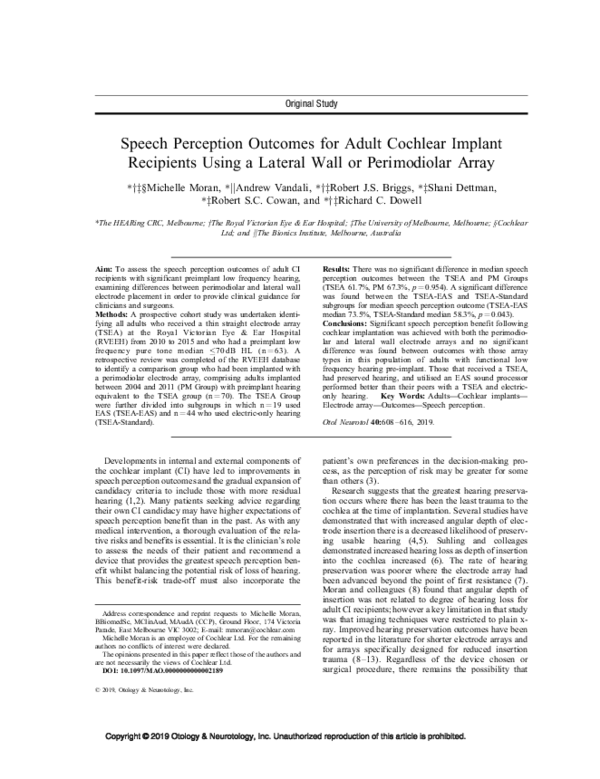 (PDF) Speech Perception Outcomes for Adult Cochlear Implant Recipients ...