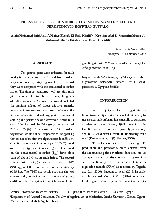 (PDF) Eigenvector selection indices for improving milk yield and persistency in Egyptian buffalo