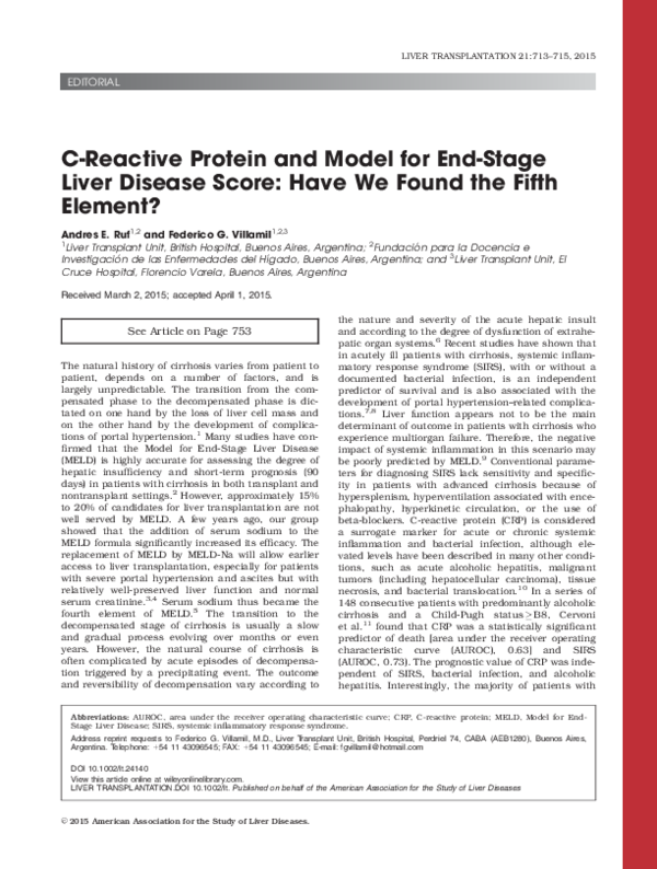 (PDF) C‐reactive protein and model for end‐stage liver disease score ...
