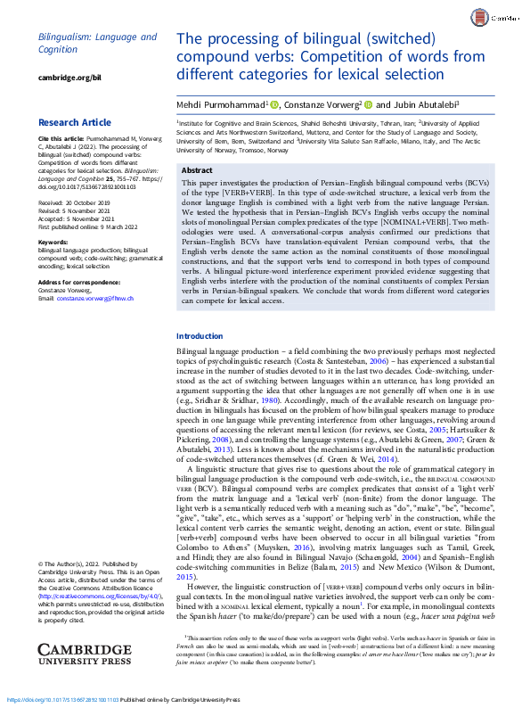 (PDF) The processing of bilingual (switched) compound verbs ...